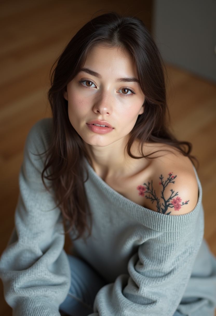 Женщина в светло-сером свитере с широким вырезом сидит на деревянном полу, её плечо обнажено ...