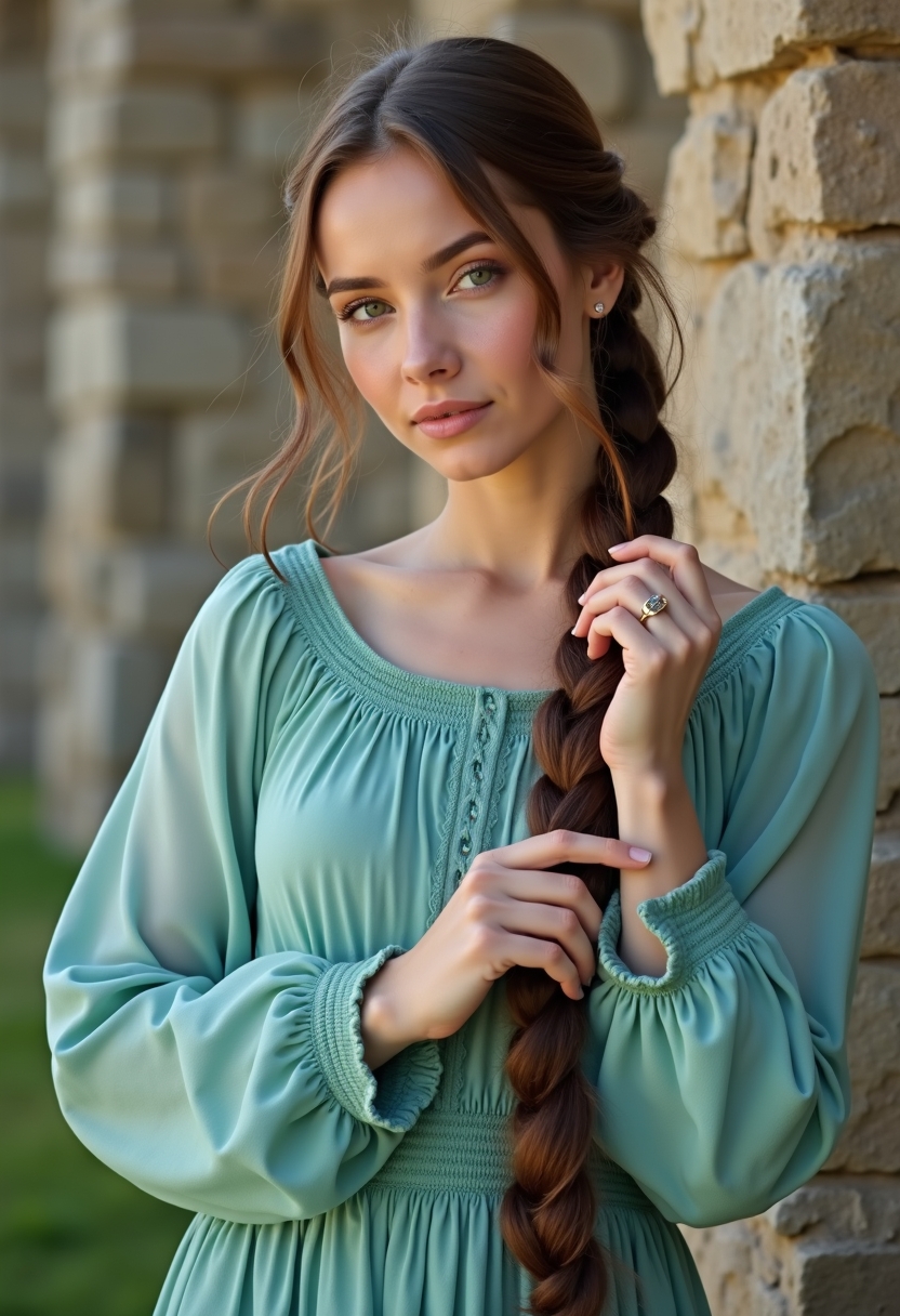 Женщина в нежно-бирюзовом платье держит длинную косу в руках, её пальцы плавно перебирают пряди ...