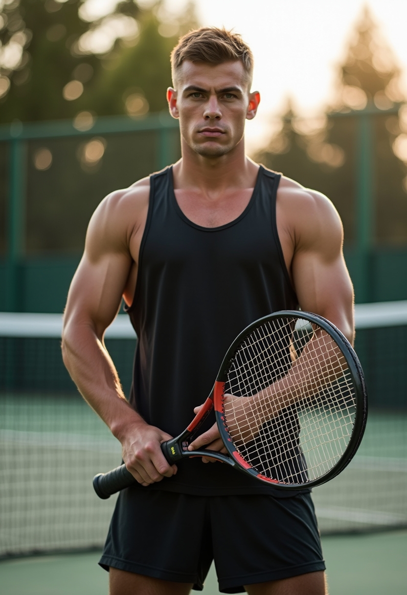 Мужчина в чёрной майке и шортах стоит с ракеткой в руках, его мышцы ...