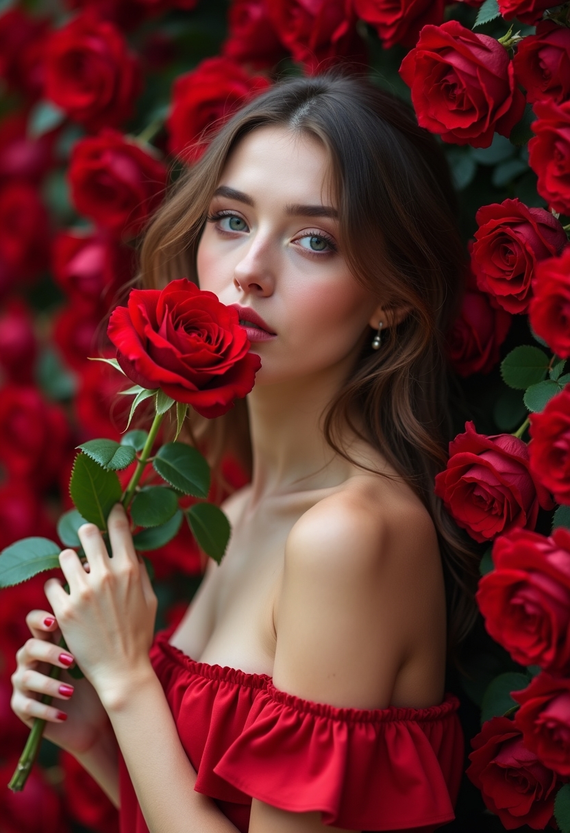 Женщина стоит у стены, полностью покрытой красными розами. Она держит в руках один большой бутон ...