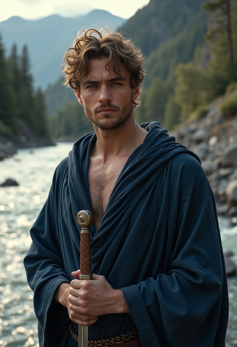 Мужчина в расстёгнутом тёмно-синем кафтане стоит у горной реки, его ...