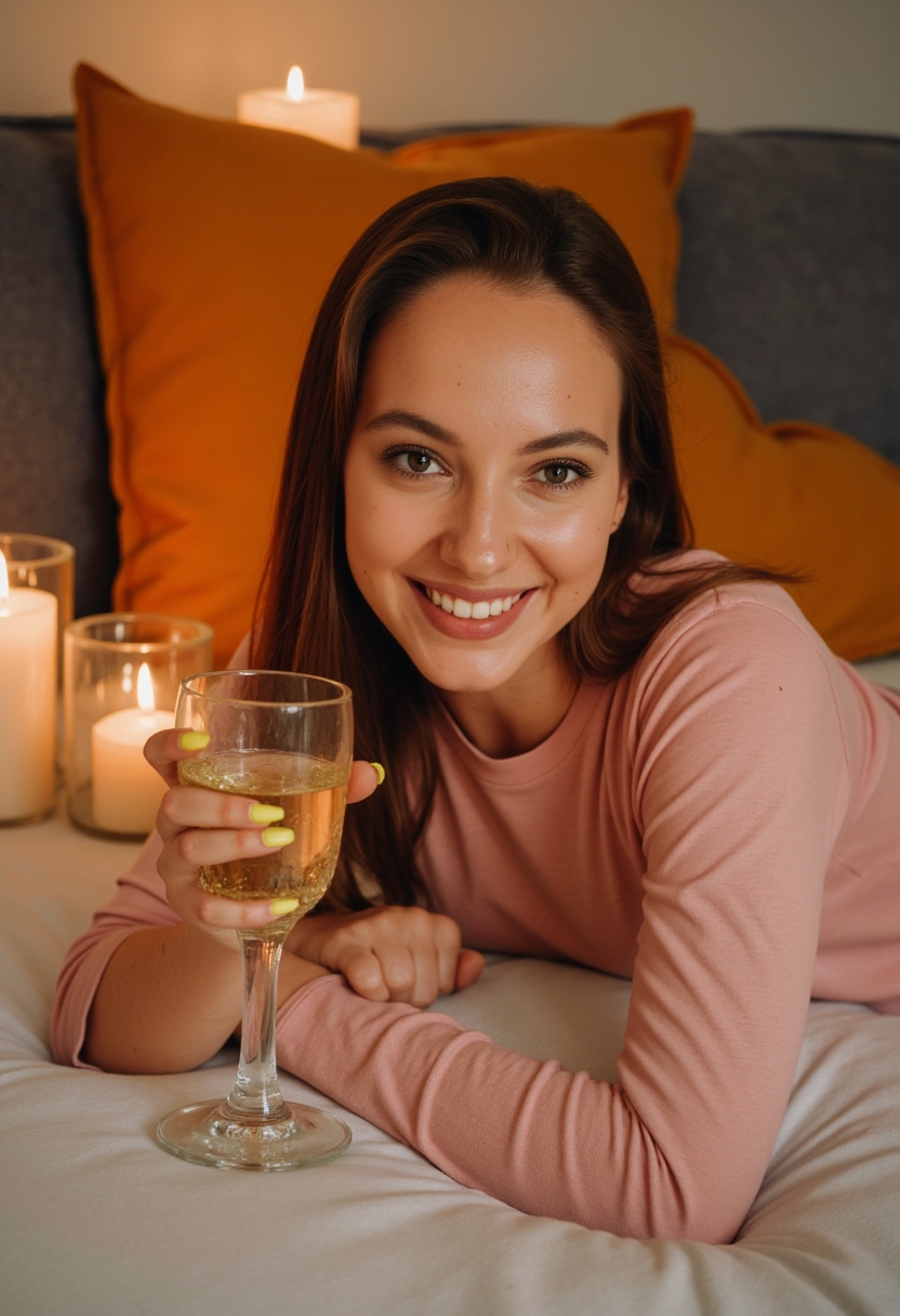 Женщина в светло-розовом платье с длинными рукавами лежит на диване, украшенном подушками в ...