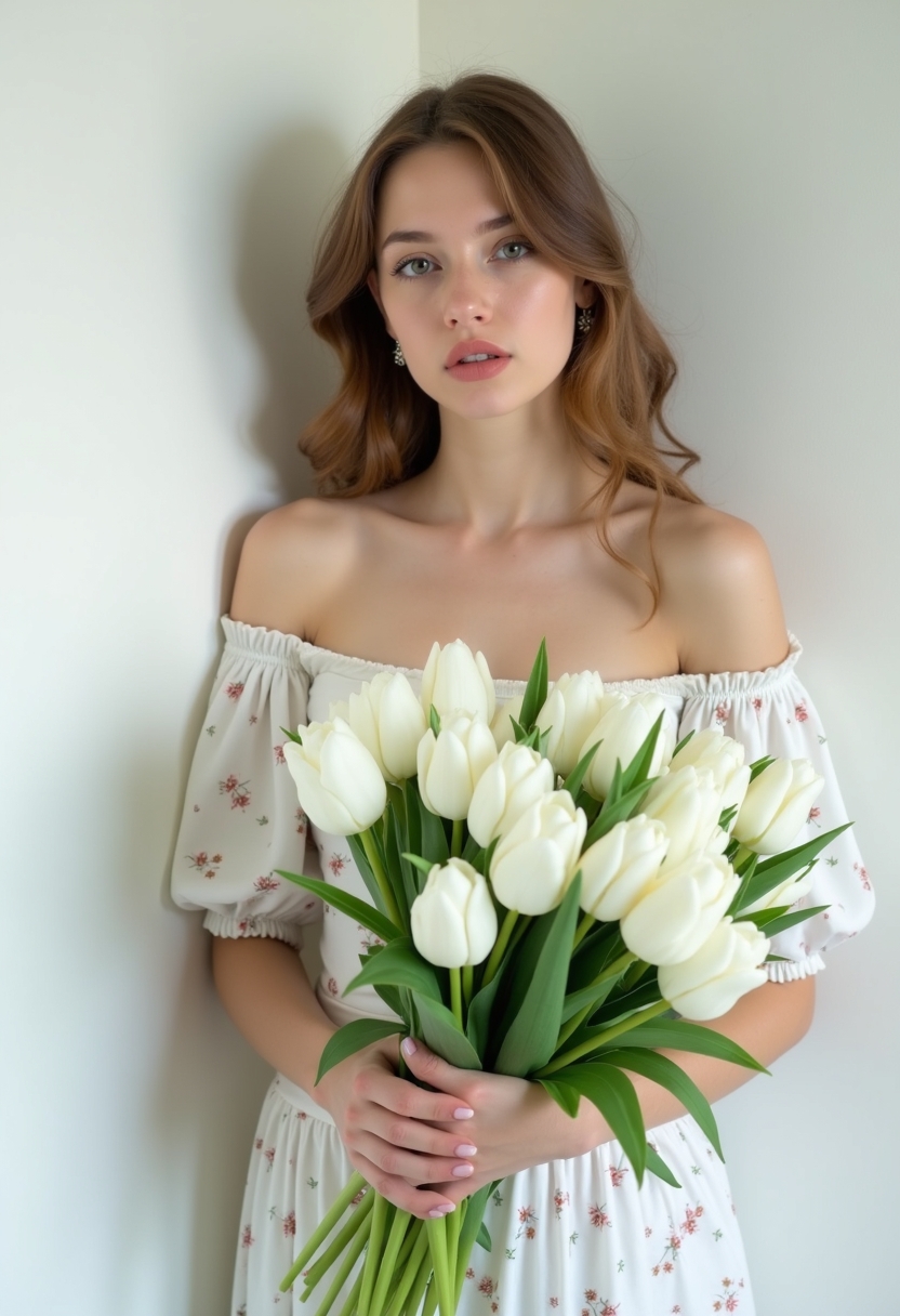 Женщина в белом платье с мелким цветочным принтом с открытыми плечами и пышными рукавами ...
