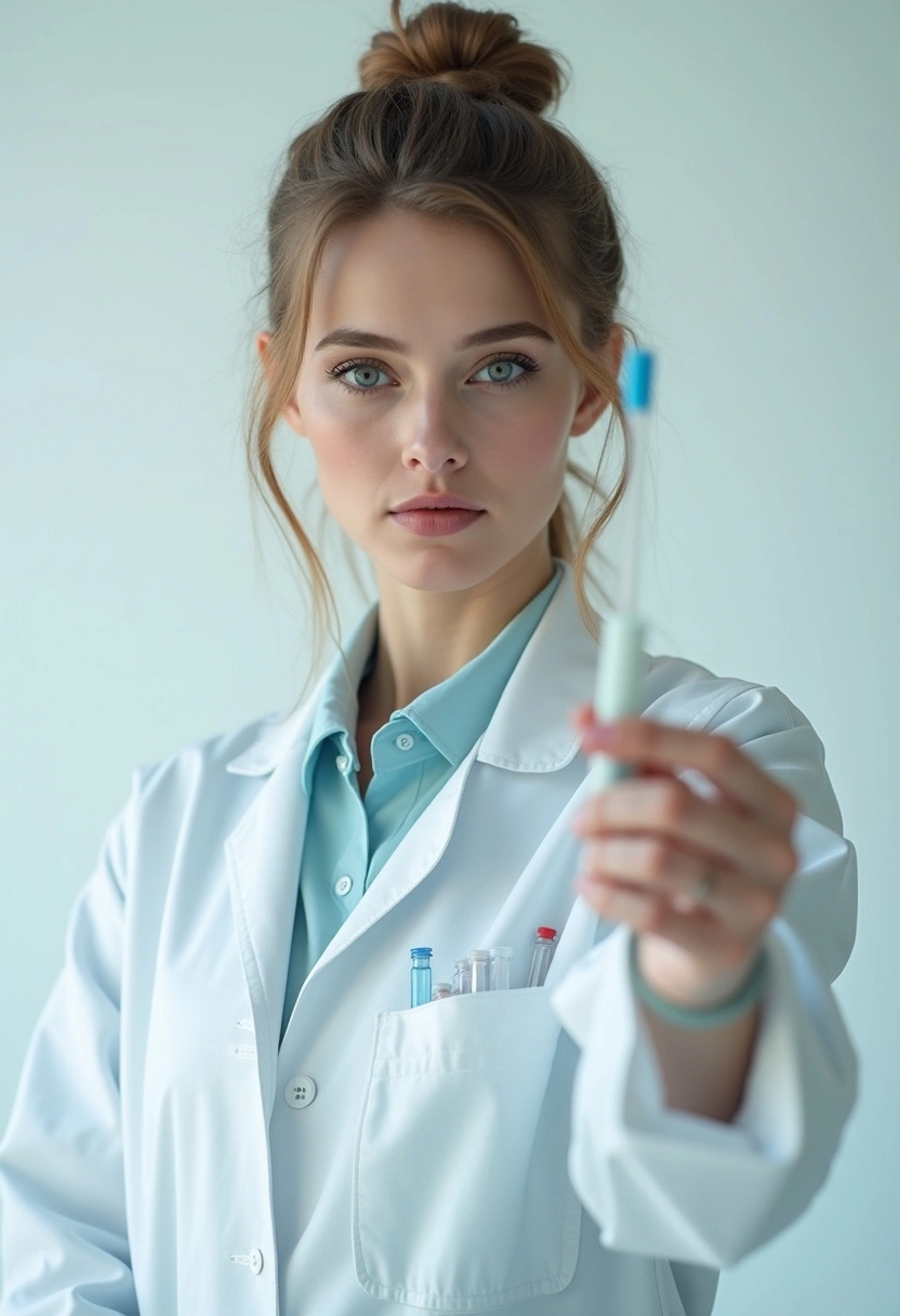 Женщина в медицинской форме демонстрирует пипетку с прозрачной ...