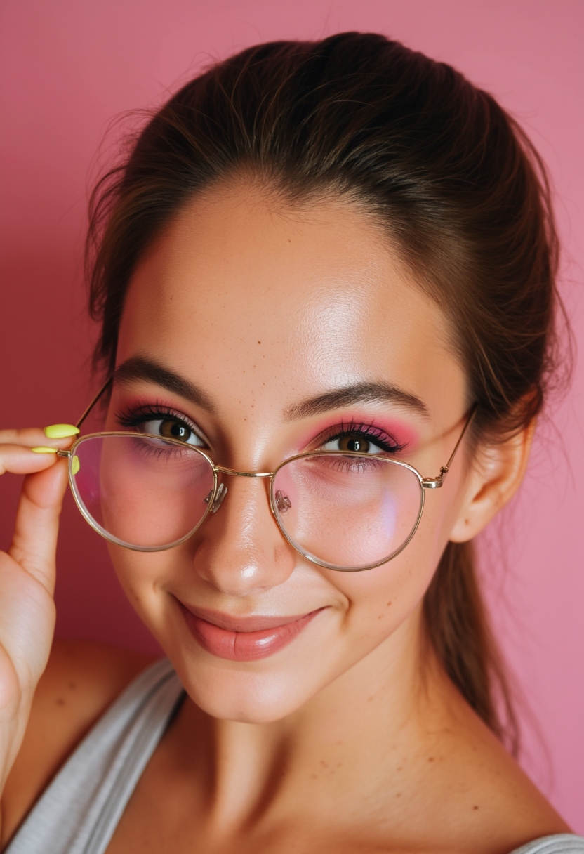 Она слегка приподнимает руками очки в форме сердца с розовыми линзами ...