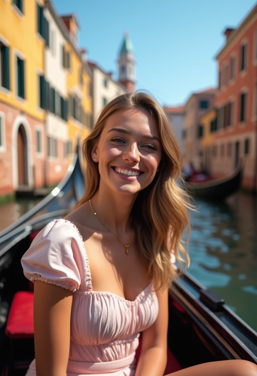 Венеция, залитая солнечным светом. Девушка сидит в гондоле, чуть наклонив голову вбок и с ...