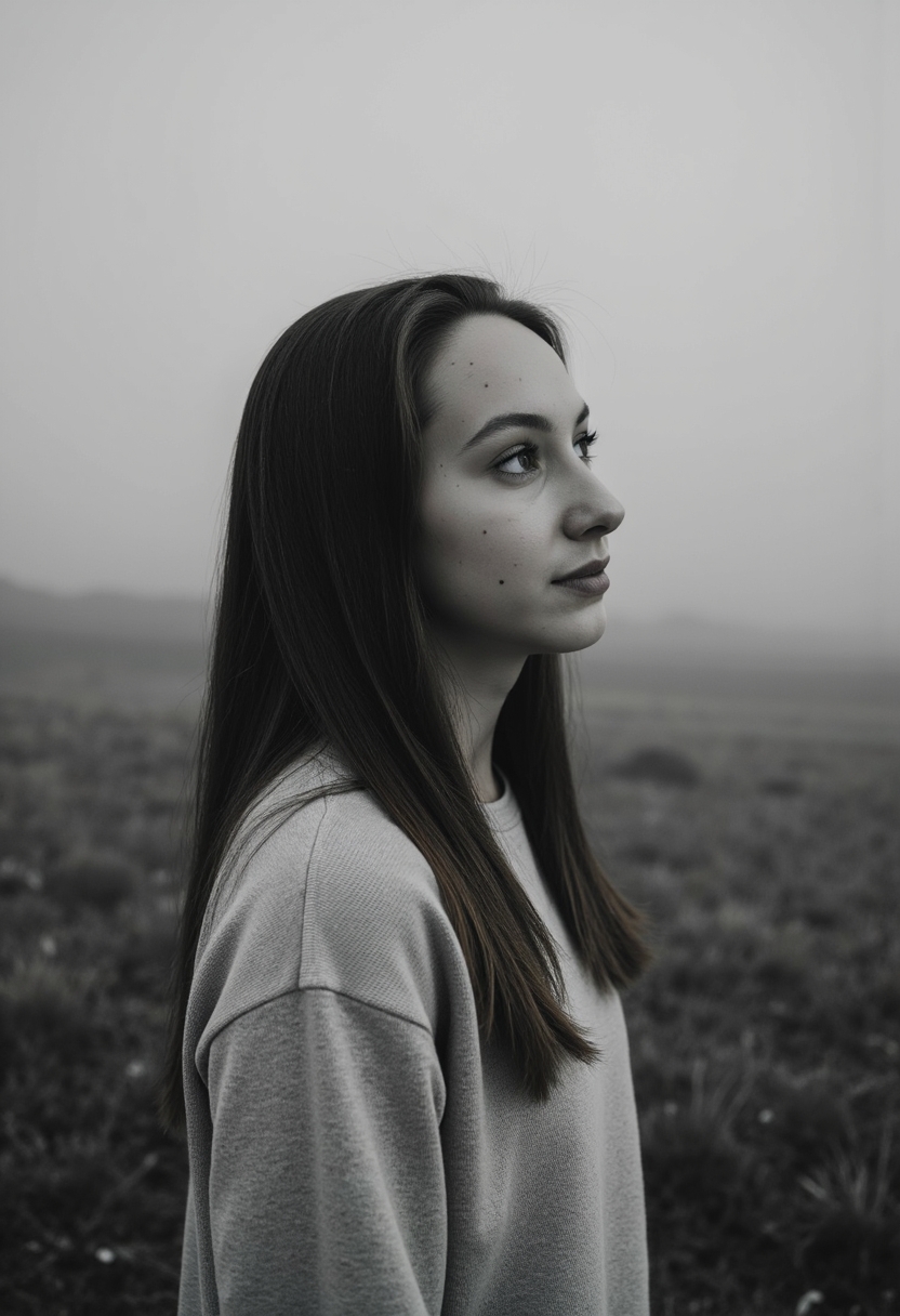 Женщина в светло-сером свитере стоит на фоне густого тумана, обрамляющего её фигуру. Её лицо ...