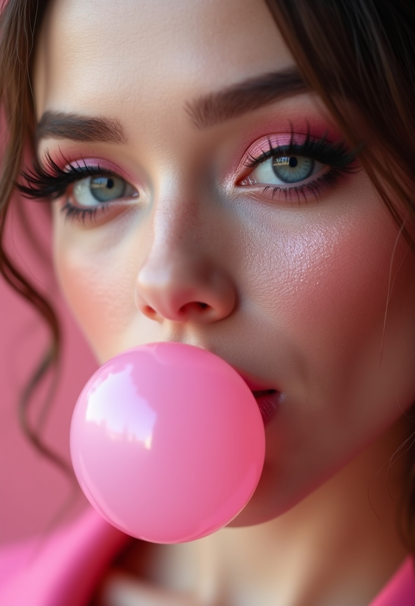 Она надувает розовую жвачку, создавая игривый акцент в кадре. Ультрареалистичный портрет крупным ...