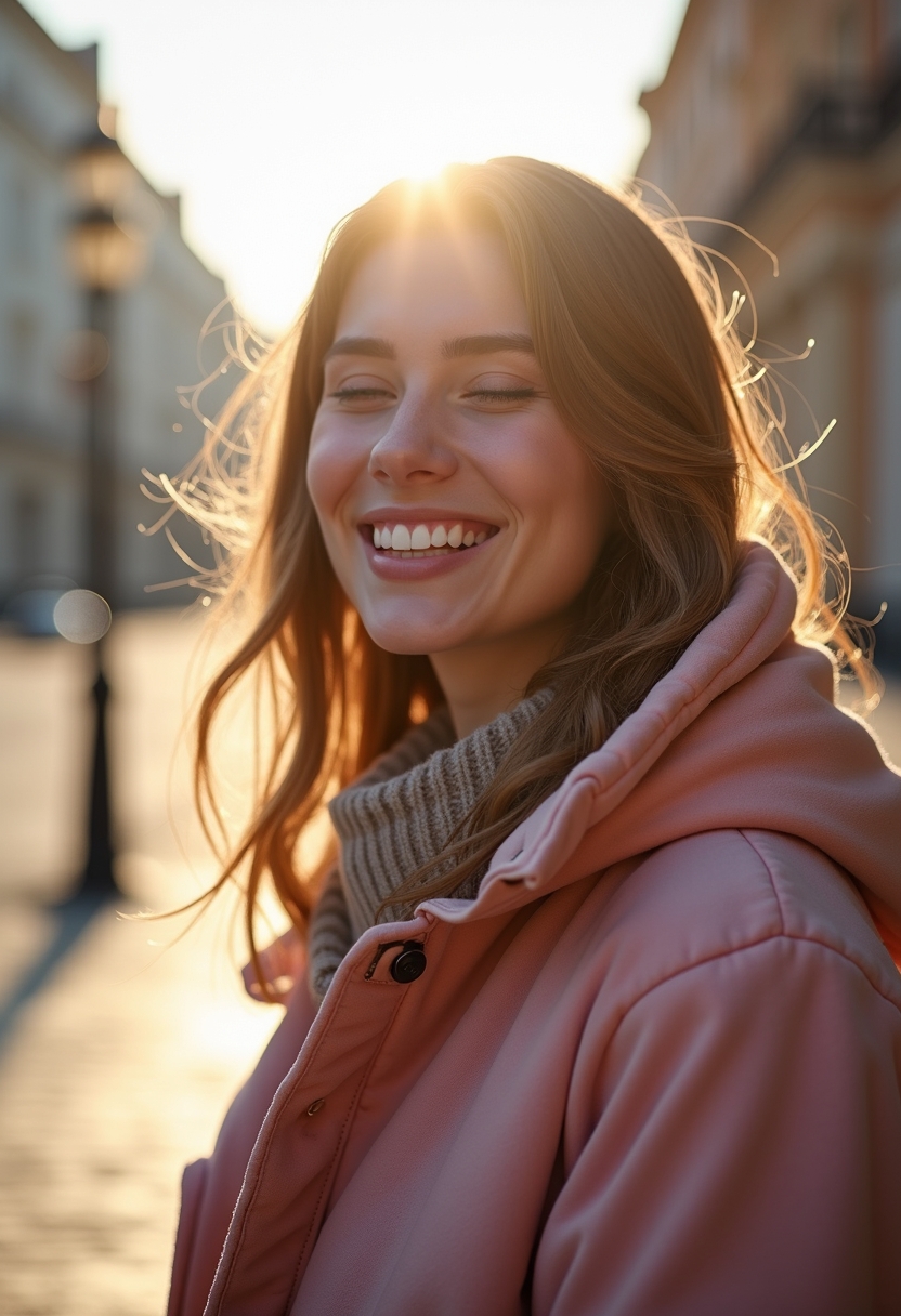 девушка в пудрово-розовом пальто улыбается, прикрыв глаза, солнечные ...